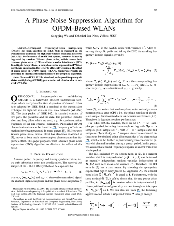 Pdf A Phase Noise Suppression Algorithm For Ofdm Based Wlans 3466