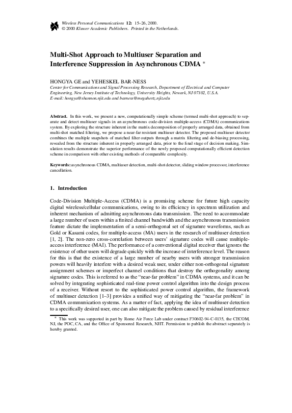(PDF) Multi-Shot Approach to Multiuser Separation and Interference Suppression in Asynchronous CDMA