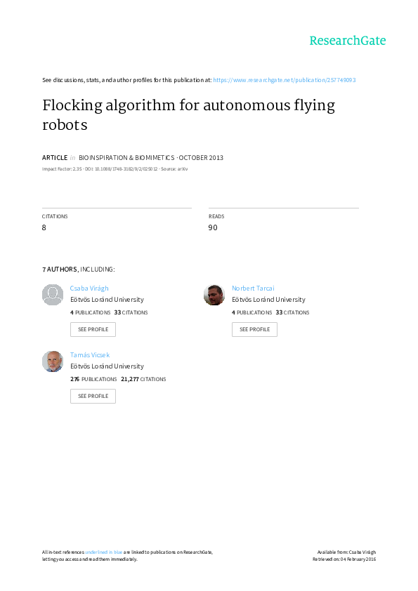 (PDF) Flocking algorithm for autonomous flying robots