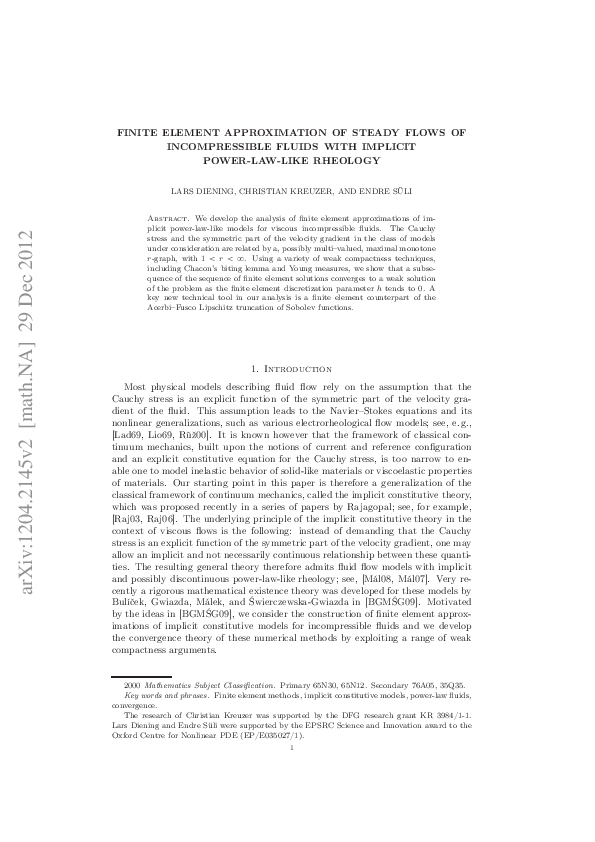 Pdf Finite Element Approximation Of Steady Flows Of Incompressible Fluids With Implicit Power