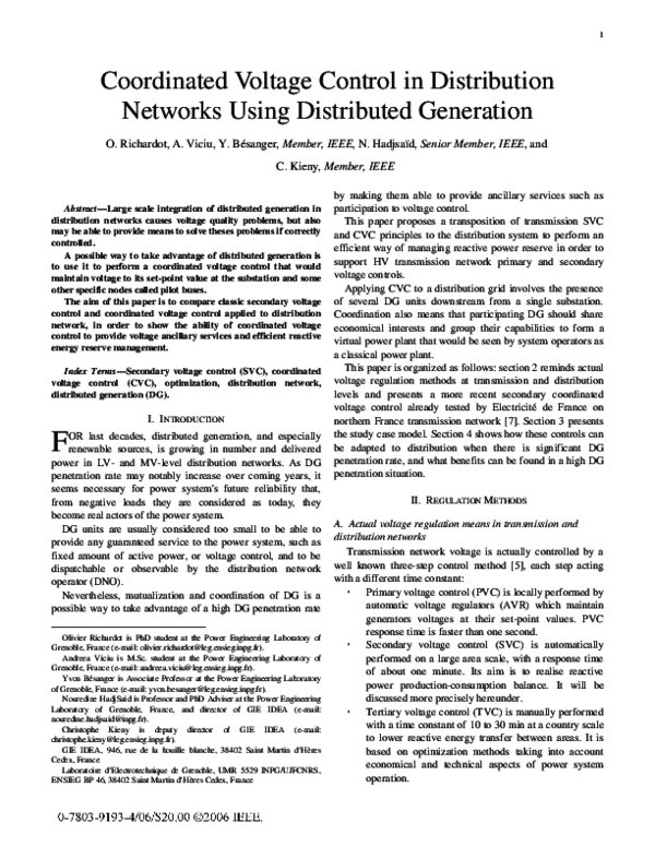 Pdf Coordinated Voltage Control In Distribution Network With