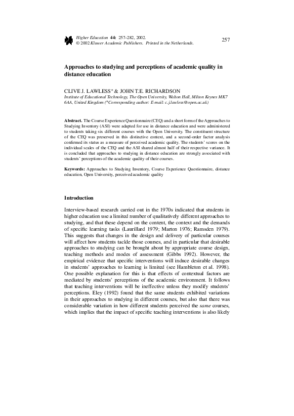 (PDF) Approaches to studying and perceptions of the academic ...