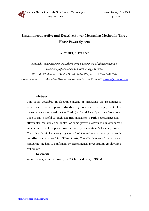 Pdf Instantaneous Active And Reactive Power Measuring In Three Phase