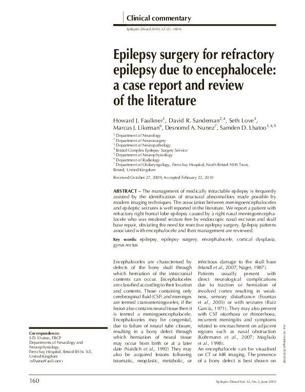 (PDF) Epilepsy surgery for refractory epilepsy due to encephalocele: a ...
