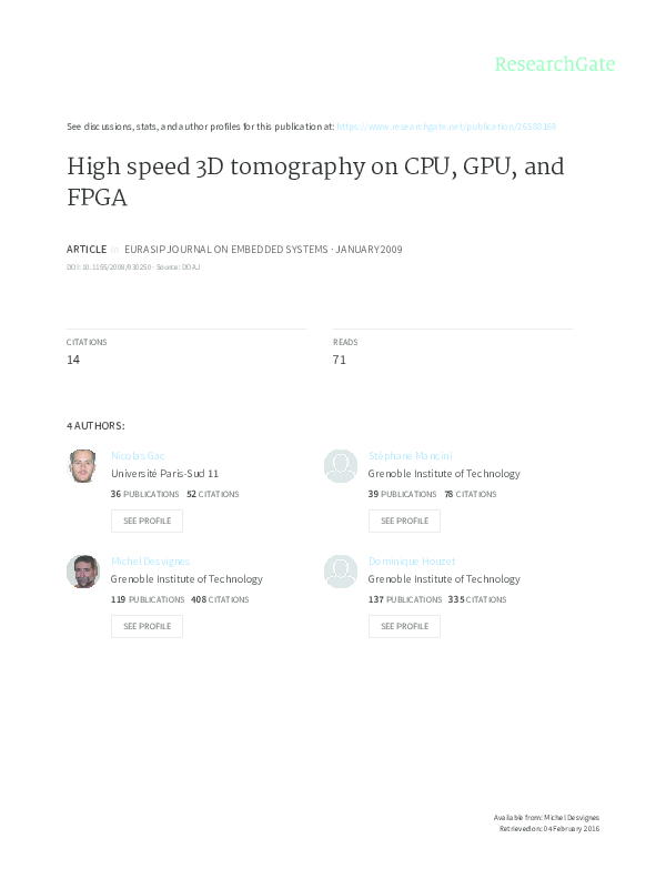 (PDF) High speed 3D tomography on CPU, GPU, and FPGA