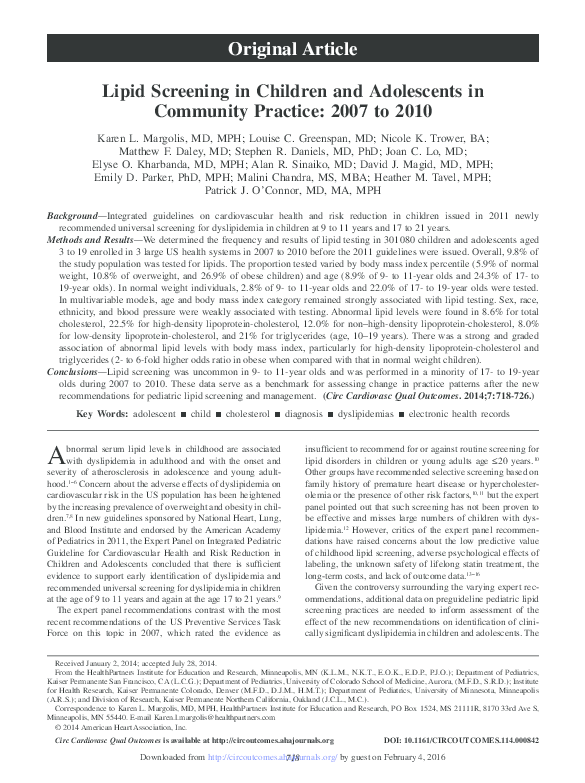(PDF) Lipid screening in children and adolescents in community practice ...