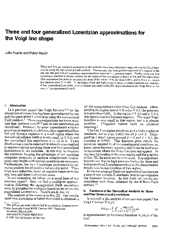 Pdf Three And Four Generalized Lorentzian Approximations For The Voigt Line Shape Errata