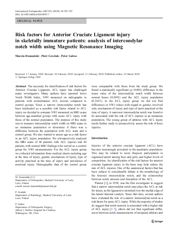 (PDF) Risk factors for anterior cruciate ligament injury: assessment of ...