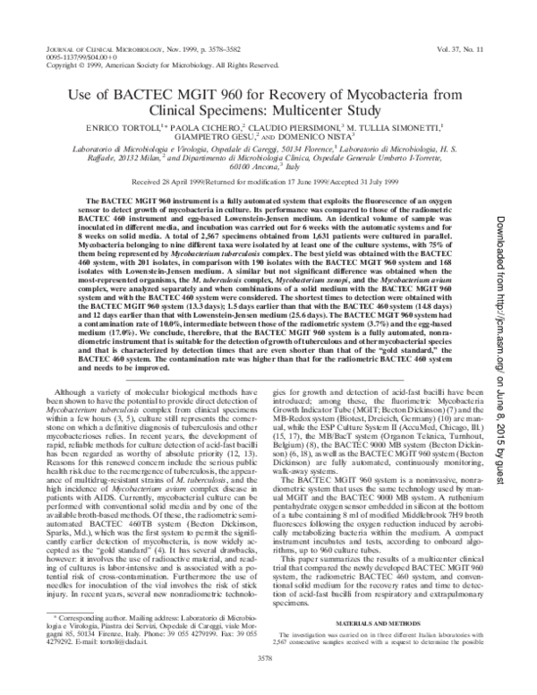(PDF) Use of BACTEC MGIT 960 for recovery of mycobacteria from clinical ...