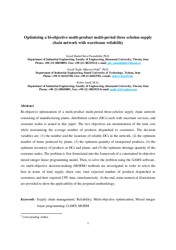 Pdf Optimizing A Bi Objective Multi Product Multi Period Three Echelon Supply Chain Network
