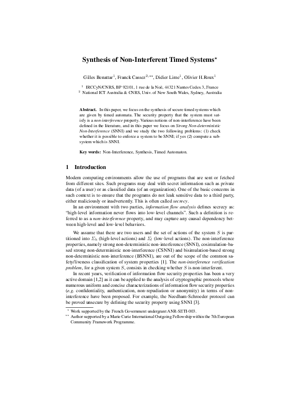 (PDF) Synthesis of Non-Interferent Timed Systems