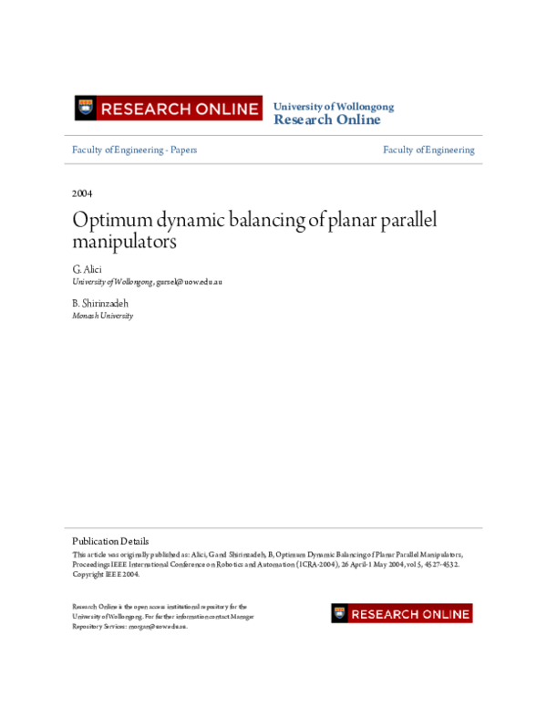 (PDF) Optimum dynamic balancing of planar parallel manipulators based on sensitivity analysis