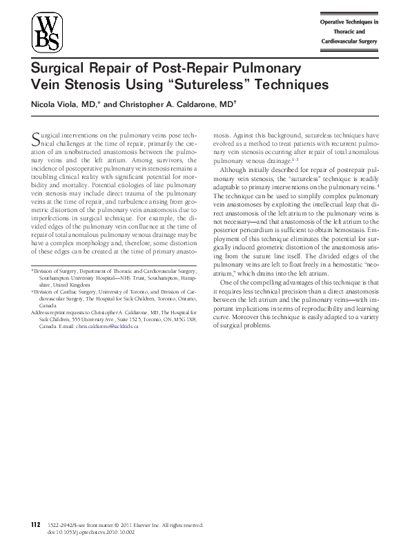 (PDF) Sutureless Techniques for Surgical Repair of Pulmonary Vein Stenosis