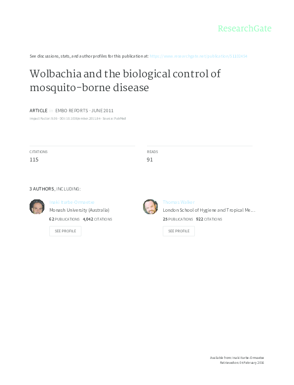 (PDF) Wolbachia and the biological control of mosquito-borne disease