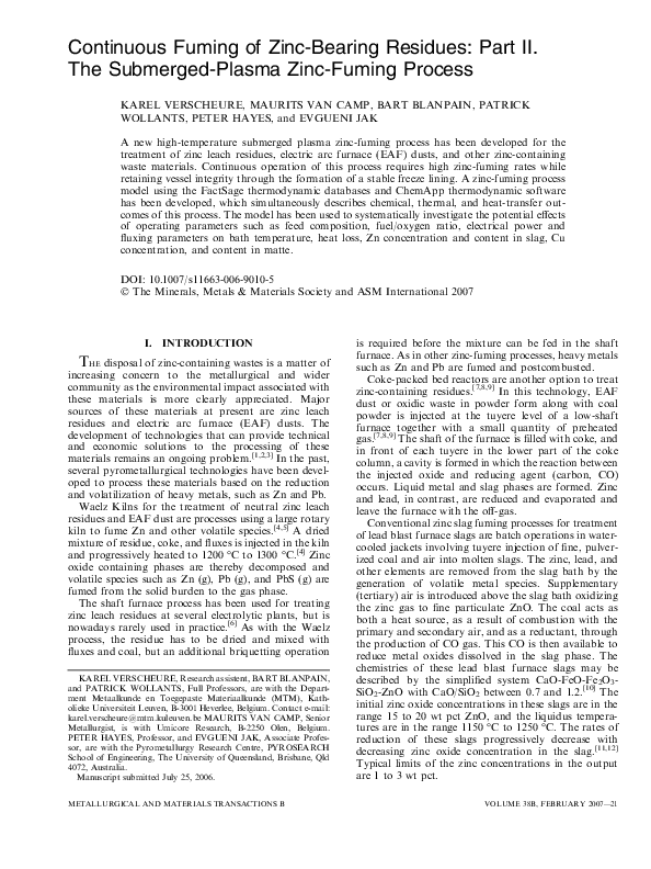 (PDF) Continuous Fuming of Zinc-Bearing Residues: Part II. The ...