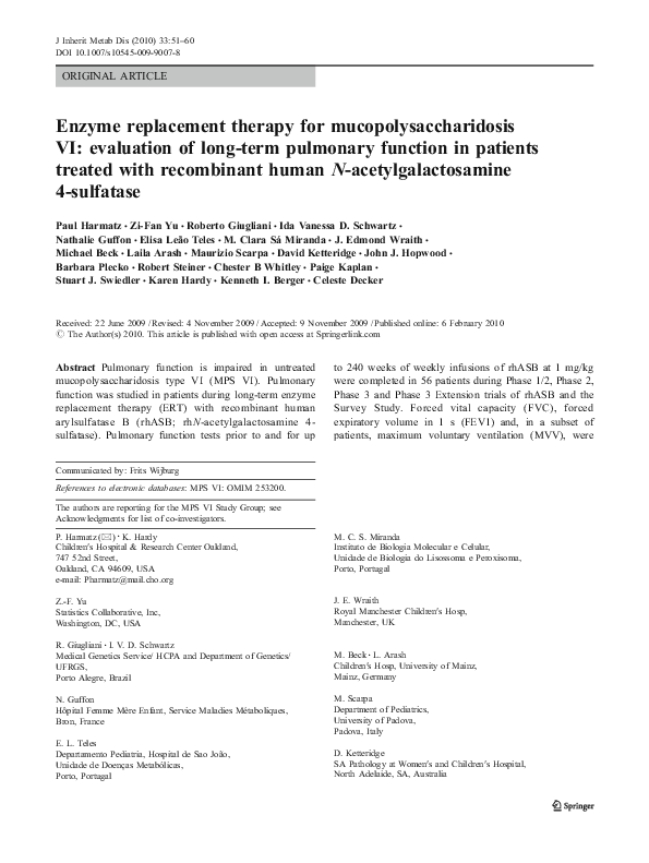 (PDF) Enzyme replacement therapy for mucopolysaccharidosis I: a ...