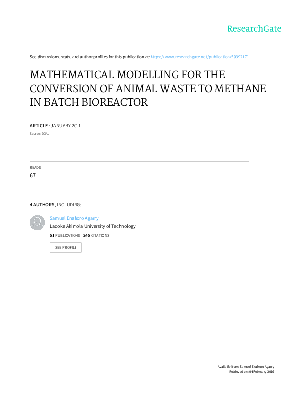 (PDF) MATHEMATICAL MODELLING FOR THE CONVERSION OF ANIMAL WASTE TO METHANE IN BATCH BIOREACTOR