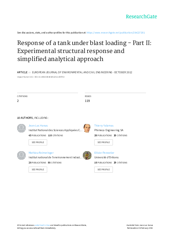(PDF) Response of a tank under blast loading – part II: experimental structural response and ...