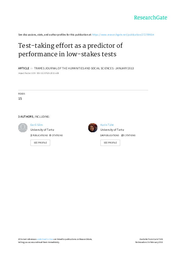 (PDF) TEST-TAKING EFFORT AS A PREDICTOR OF PERFORMANCE IN LOW-STAKES TESTS