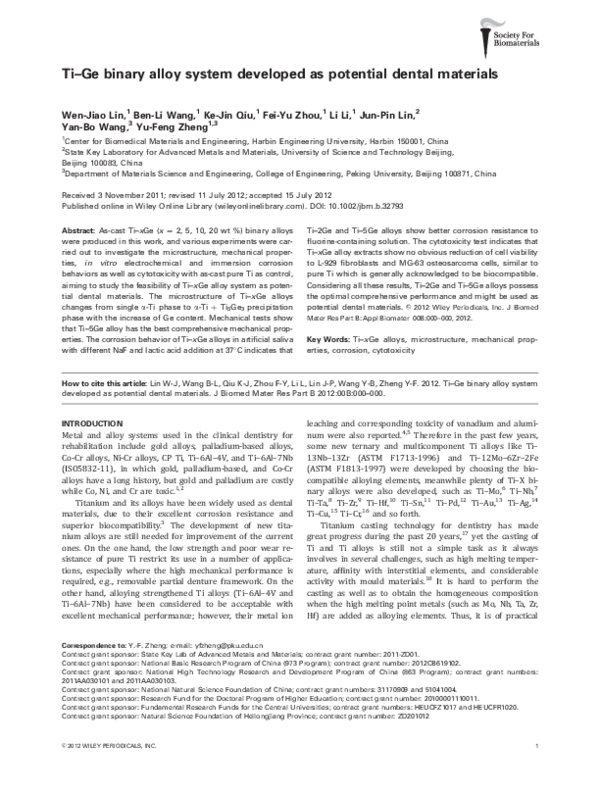 (PDF) Ti-Ge binary alloy system developed as potential dental materials