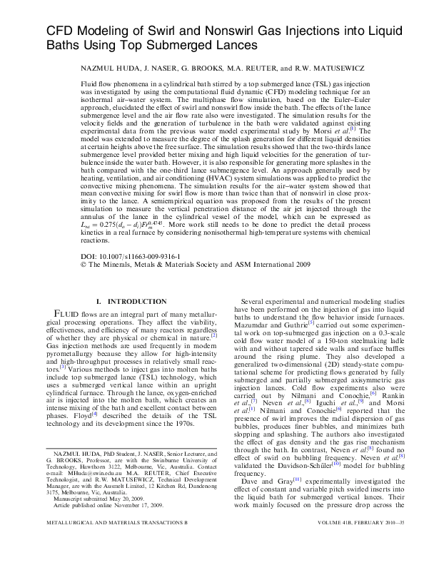 (PDF) CFD Modeling of Swirl and Nonswirl Gas Injections into Liquid ...