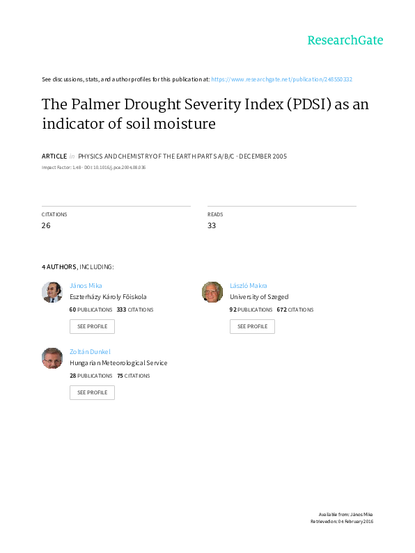 (PDF) The Palmer Drought Severity Index (PDSI) as an indicator of soil moisture