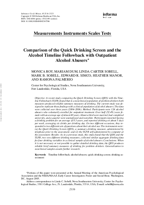 (PDF) Comparison of the Quick Drinking Screen and the Alcohol Timeline ...