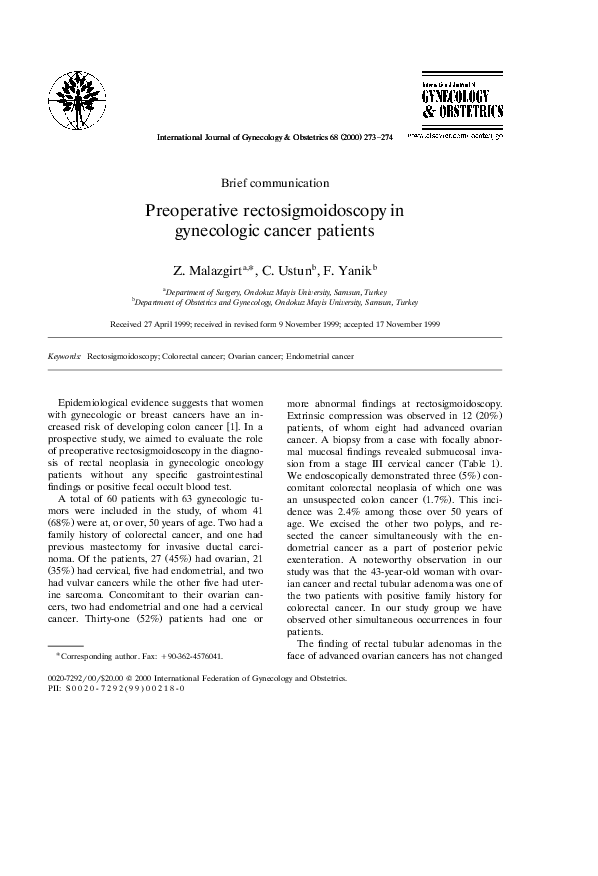 (PDF) Preoperative rectosigmoidoscopy in gynecologic cancer patients