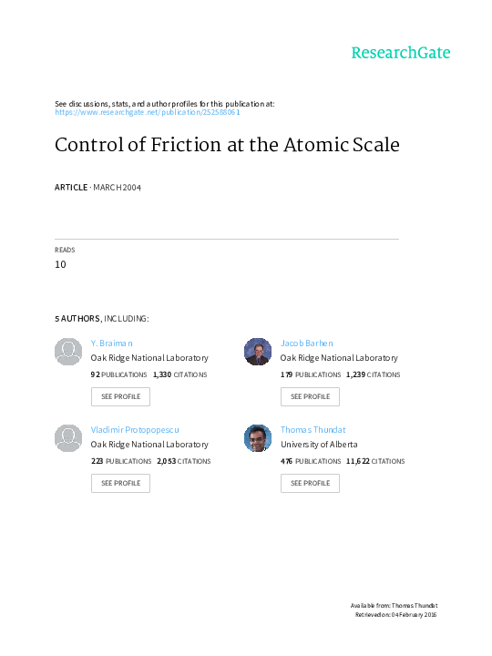 (PDF) Control of Friction at the Atomic Scale | Jacob Barhen - Academia.edu