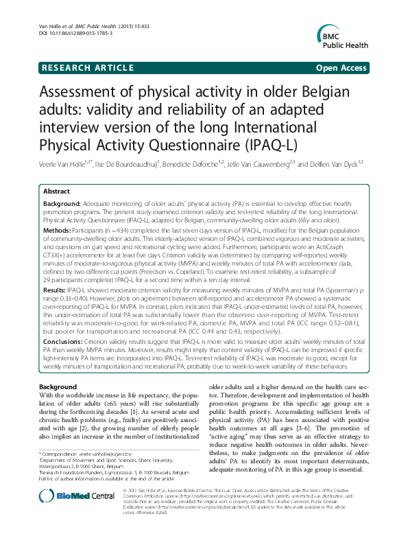 (PDF) Assessment of physical activity in older Belgian adults: validity and reliability of an ...