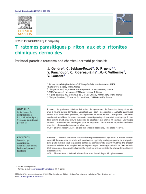 (PDF) [Peritoneal parasitic teratoma and chemical dermoid peritonitis]