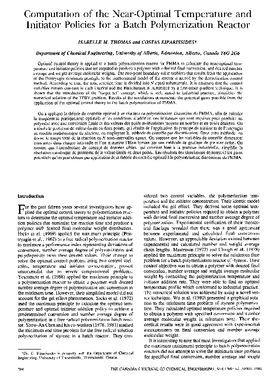 (PDF) Computation of the near-optimal temperature and initiator policies for a batch ...