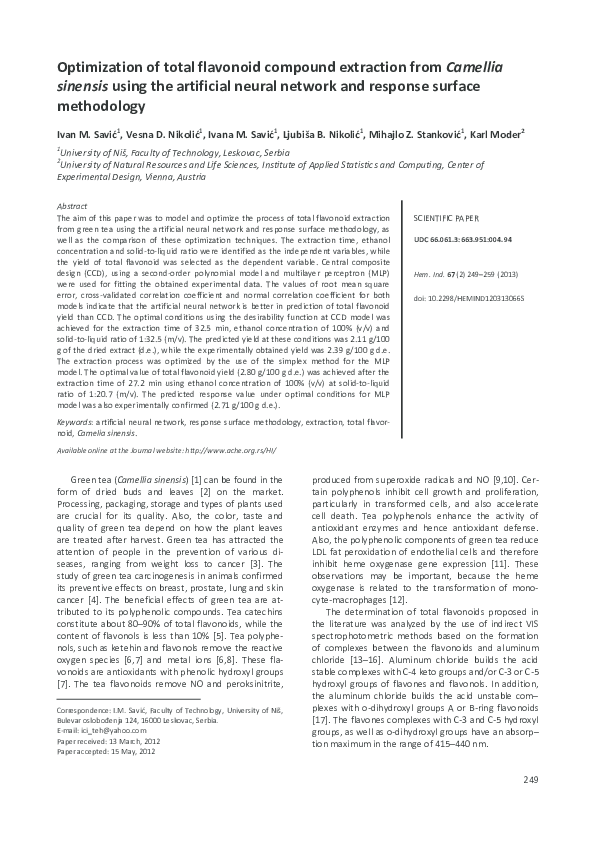 (PDF) Optimization of total flavonoid compound extraction from camellia sinesis using the ...