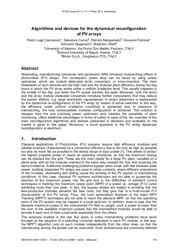 Pdf Algorithms And Devices For The Dynamical Reconfiguration Of Pv Arrays