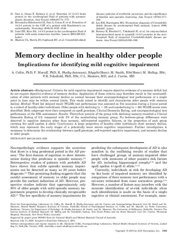 (PDF) Memory decline in healthy older people Implications for ...