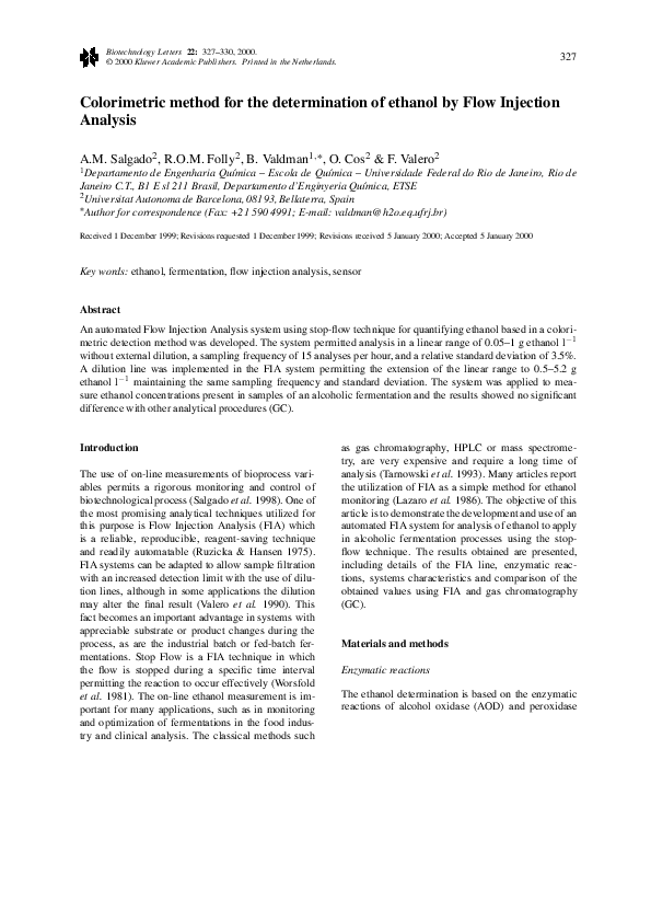 Pdf Colorimetric Method For The Determination Of Ethanol By Flow Injection Analysis