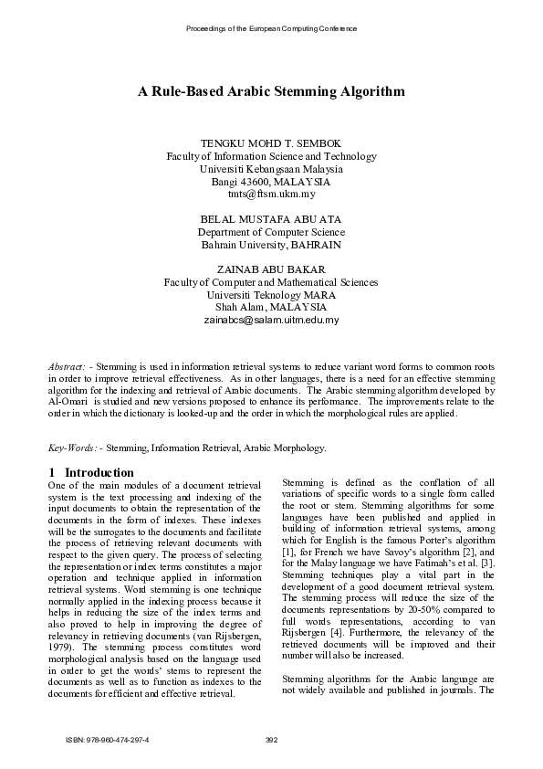 Pdf A Rule Based Arabic Stemming Algorithm