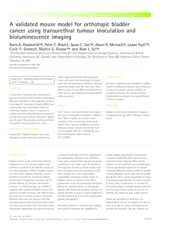 (PDF) A validated mouse model for orthotopic bladder cancer using ...