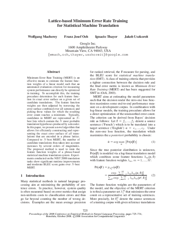 Pdf Lattice Based Minimum Error Rate Training For Statistical Machine