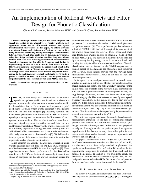 (PDF) An Implementation of Rational Wavelets and Filter Design for ...