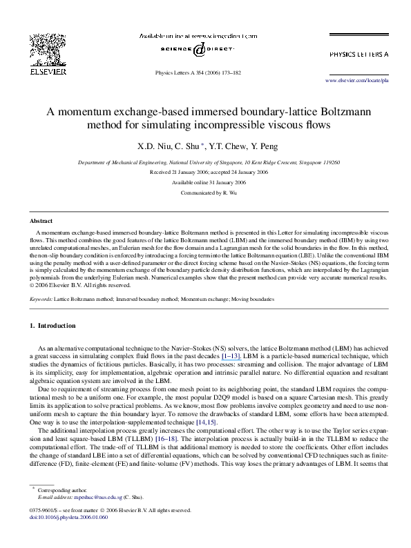 (PDF) A momentum exchange-based immersed boundary-lattice Boltzmann method for simulating a ...