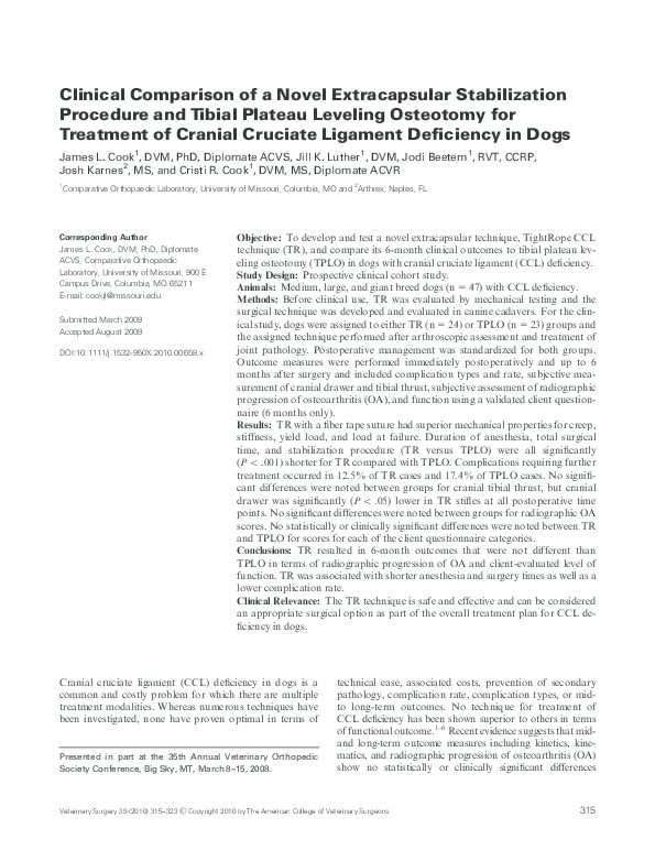 (PDF) Clinical Comparison of a Novel Extracapsular Stabilization ...