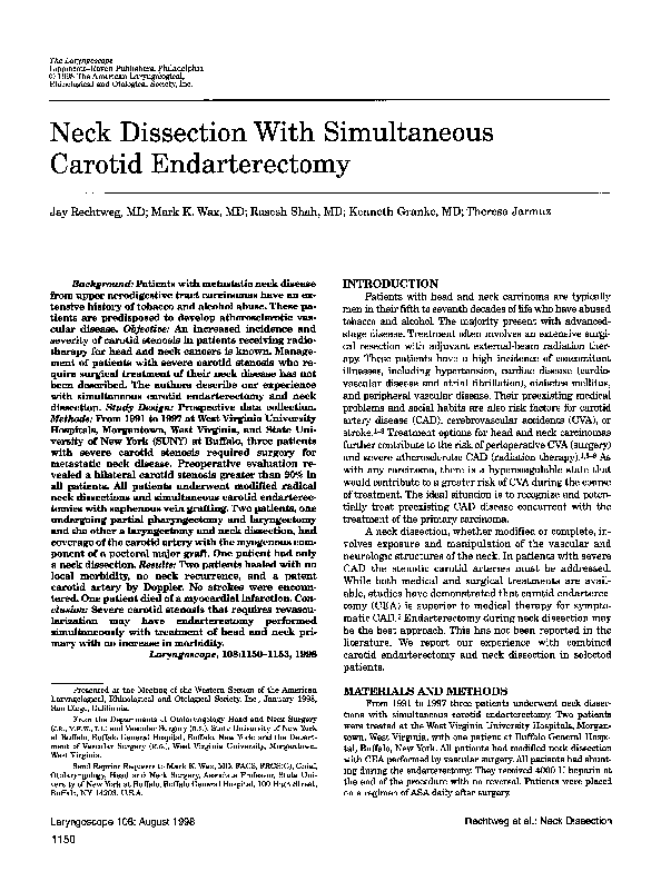 (PDF) Neck dissection with simultaneous carotid endarterectomy