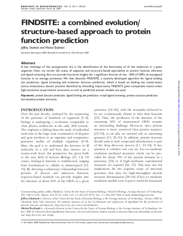 Pdf Findsite A Combined Evolutionstructure Based Approach To Protein Function Prediction