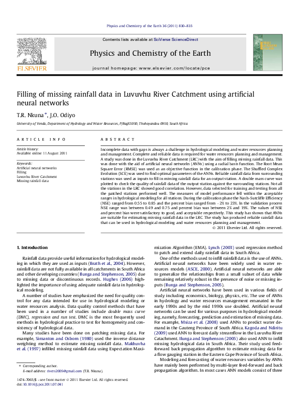 (PDF) Filling of missing rainfall data in Luvuvhu River Catchment using artificial neural networks