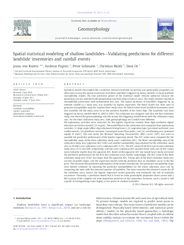 (PDF) Spatial statistical modeling of shallow landslides—Validating predictions for different ...