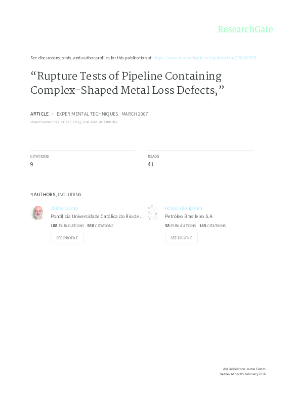 (PDF) PART 5: RUPTURE TESTS OF PIPELINE CONTAINING COMPLEX-SHAPED METAL ...