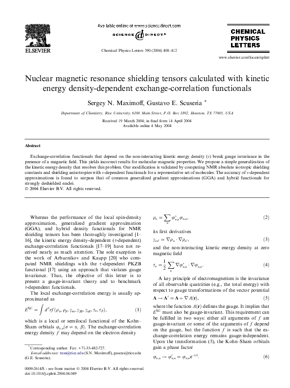 (PDF) Nuclear magnetic resonance shielding tensors calculated with kinetic energy density ...