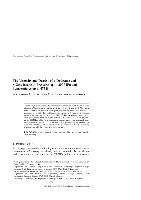 (PDF) The Viscosity and Density of n-Dodecane and n-Octadecane at ...