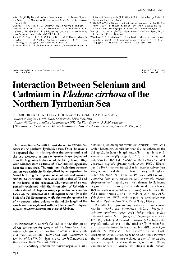 Pdf Interaction Between Selenium And Cadmium In Eledone Cirrhosa Of The Northern Tyrrhenian Sea